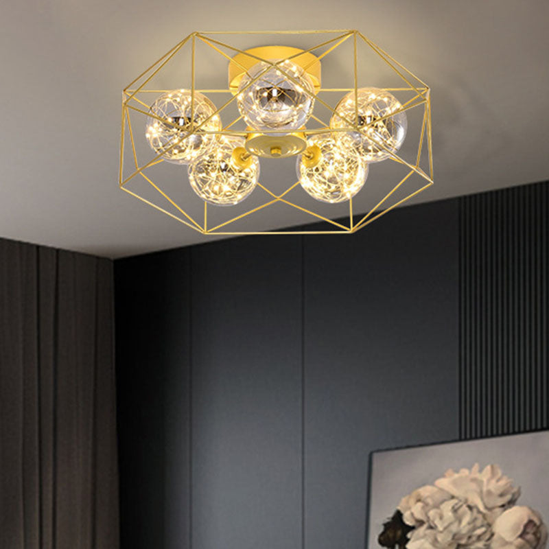 Smoke Grey Glass Orb Ceiling Light with Metal Hexagonal Cage - Simple 5 ...